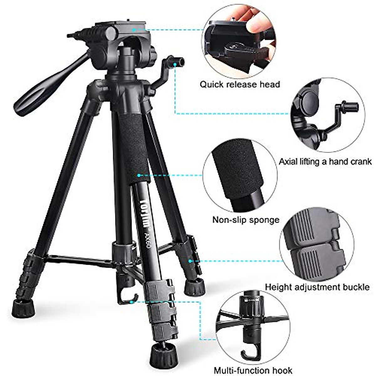 Torjim 60” Camera Tripod with Carry Bag, Lightweight Travel Aluminum Professional Tripod Stand (5kg/11lb Load) with Wireless Remote for DSLR SLR Cameras Compatible with Phone-Black