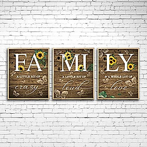 SUUURA-OO Family Sunflower Butterfly Poster Wall Decor, Inspirational Family a Little Bit of Crazy Loud Love Rustic Wood Sign Wall Art for Living Room Set of 3 (8”x10“) Prints Poster for Home Office Wedding Kitchen Unframed