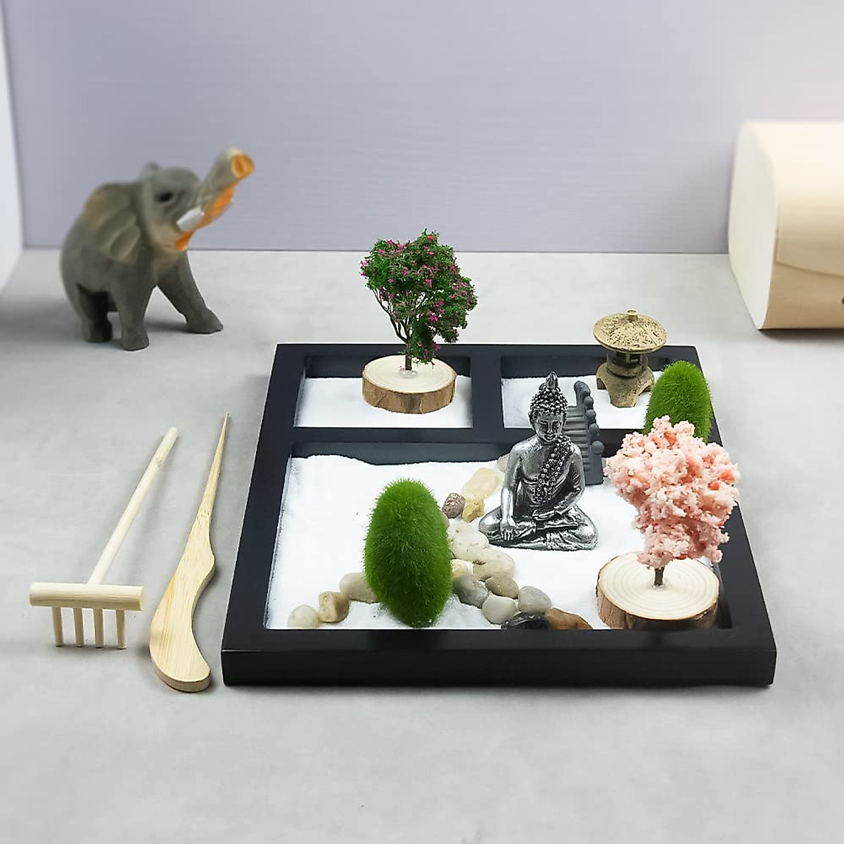 KVMORZE Zen Garden Kit, Japanese Zen Garden with White Sand, 2 Tools, 8 Zen Accessories, Tabletop Meditation Zen Garden for Home, Office, Yoga Decor, Gifts for Relaxation and Meditation, 8.5x6.9in