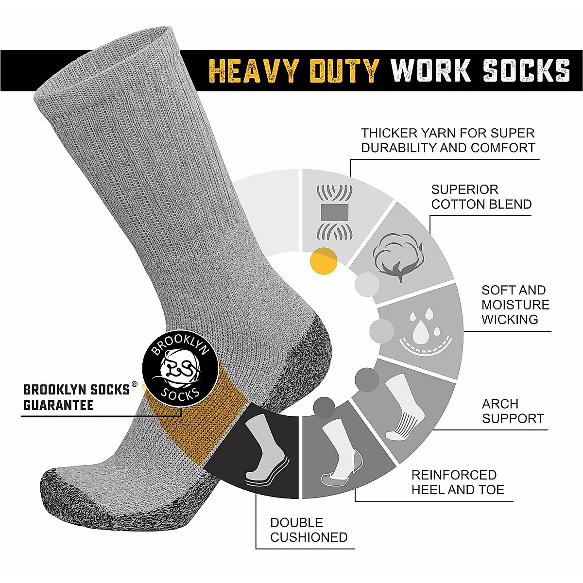 6 Pairs Mens Heavy Duty Steel Toe Work Crew Socks (Gray, US Shoe Size 9-12)