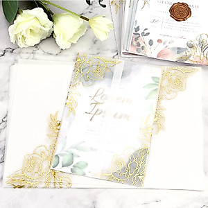 Ayfjovs 120 Pack Luxury Gold Foil Floral Vellum Paper Wedding Invitation Paper for 5x7 Invitations, Vellum Jackets for 5x7 Invitations, Transparent Vellum Wrap for Wedding Baby Shower Birthday