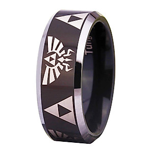 FREE Custom Engraving The Legend of Zelda Ring- Crest and Triforce Ring Black Tungsten Carbide Wedding Bands Ring (10.5)