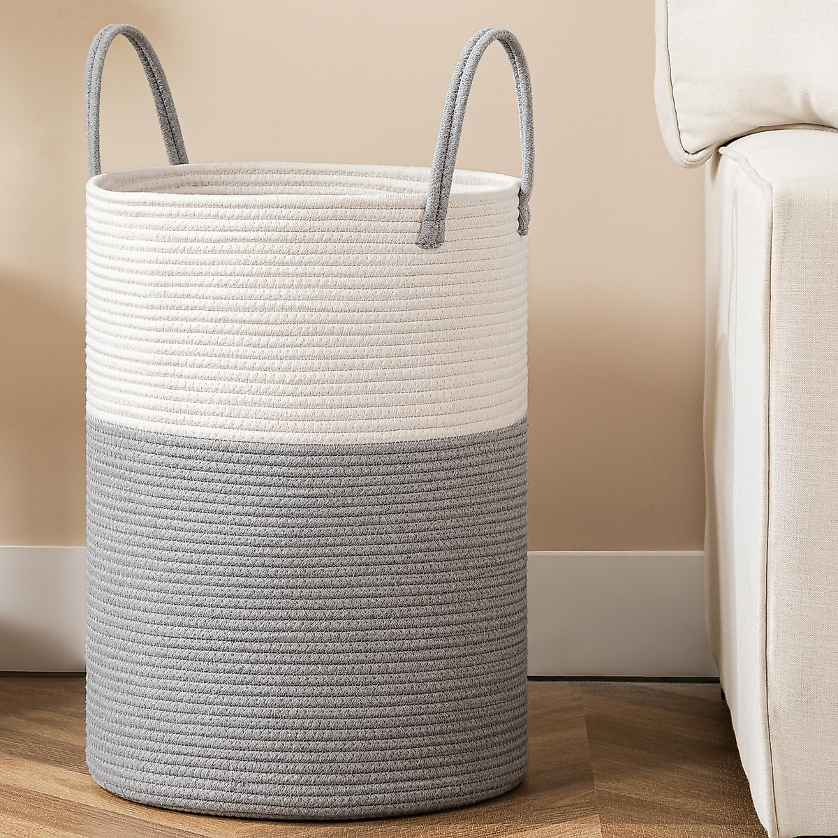 UBBCARE Tall Cotton Rope Laundry Hamper 15 x 20 inches, Large Grey Laundry Basket with Handles, Woven Storage Blankets Basket, Dirty Clothes Hamper for Living room, Bedroom