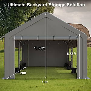 Carport 13x20ft Portable Upgraded Garage，Heavy Duty Carport with 4 Roll-up Doors & 4 Ventilated Windows, UV Resistant All-Season Waterproof Tarp, Reinforced Steel Poles, for Car, Truck, Boat