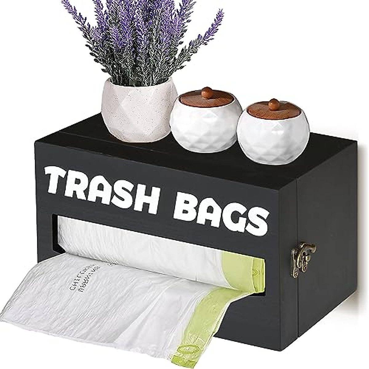 Trash Bag Dispenser Wall Mounted, Wooden Trash Bag Holder, Garbage Bag Dispenser Roll Holder Farmhouse Plastic Bag Roll Holder, Kitchen Trash Can Liner Organizer for Kitchen, Pantry