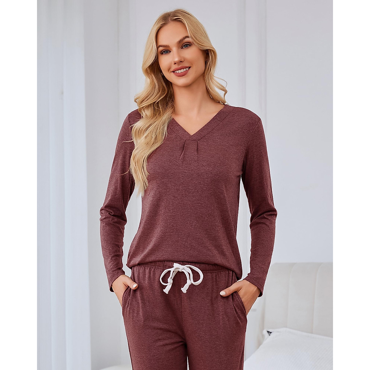 difficort Women's Pajama Sets Long Sleeve Lounge Sets Pjs Sleepwear with Pockets,Maroon,X-Large