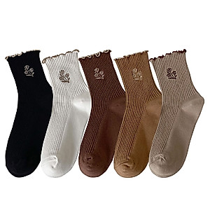 zrylibya Women's Ruffle Frilly Rib Knit Crew Socks Floral Embroidery Scalloped Pointelle Casual Ankle Socks 5 Pairs (Multicolor B)