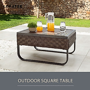 LOKATSE HOME Patio Dining Furniture Outdoor Square Bistro Side Coffee Table with Rattan Wicker Metal Slatted Steel Frame Aluminum Plastic Plate Wood Grain Desktop, Brown