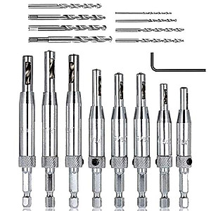 Bestgle 16 in-1 Center Drill Bit Set, 8pcs 1/4" Hex Shank Self Centering Hinge Hole Drilling Tool Kit for Woodworking Window Door Hinge with 1 Hex Key & 8 Replacement Drill Bits & Plastic Storage Case