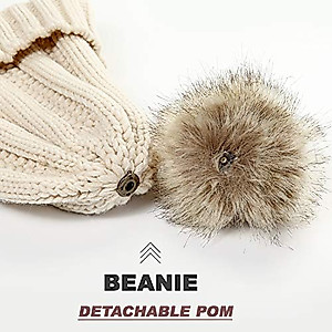 SAMZX Womens Winter Hat Thick Cable Knit Warm Beanie for Women with Faux Fur Pom Pom Hat Beige