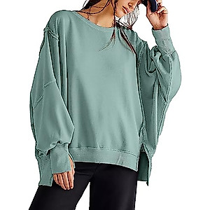 Beaully Women’s Oversized Contrast Patchwork Sweatshirt Casual Side Split High Low Hem Boyfriend Pullover Tops Streetwear 6088 Grey Blue Medium