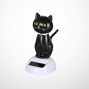 Solar Cat Bobble Shaking Head Dancing Toy Cat Figurine Statue Car Dash Board Ornaments for Car Vehicle Decoration - Black