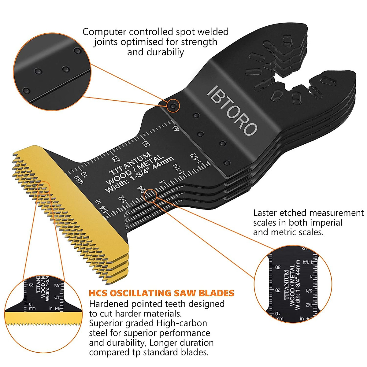 IBTORO 4PCS Titanium Oscillating Multitool Wood Metal Blades Fit Porter Cable Black & Decker Rockwell Ridgid Ryobi Milwaukee Chicago Craftsman