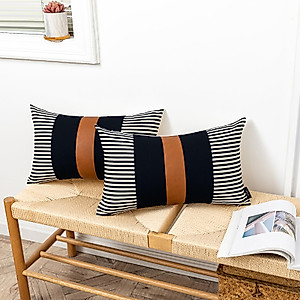 Vfuty Brown and Black Decorative Pillow Cover Set of 2, Farmhouse Stripe Pillow Cover 12x20 Modern Faux Leather Accent Pillow Case for Couch Sofa Bed Boho Patchwork Cushion Cover