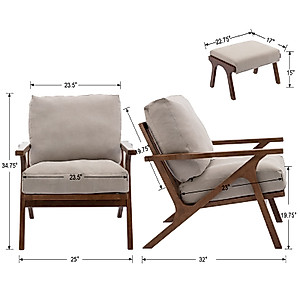 Wahson Mid Century Arm Chair and Ottoman Set, Upholstered Accent Armchair with Wood Frame and Canvas Cushions, Leisure Slipper Chair for Living Room/Bedroom, Beige