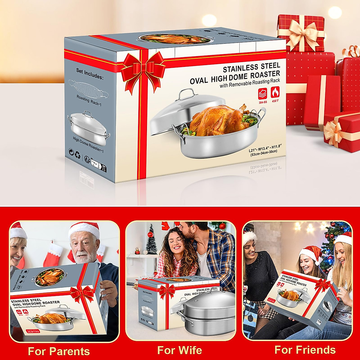 Roasting Pan, Turkey Roasting Pan with Rack and Lid for Chicken in Kitchen Thanksgiving Christmas, Gifts for Women Mother Wife Men, 21 Inch