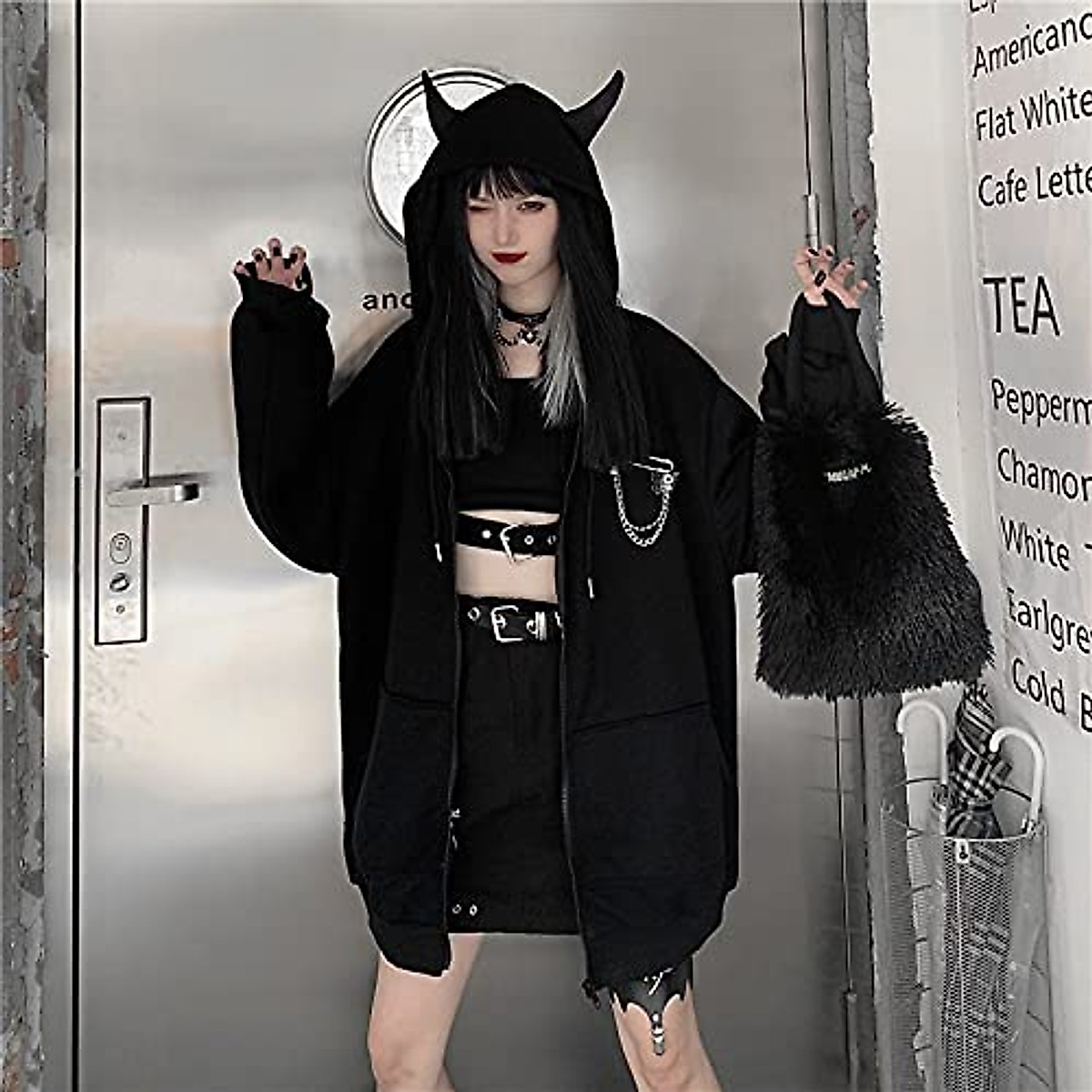 LAVASEON Women Oversized Devil Horns Butterfly Brooch Chain Hoodies Harajuku Goth Zip Sweatshirt Pullover Tops Black