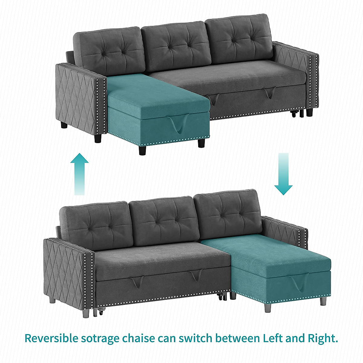 BALUS Sleeper Sofa, Futon Sofa Bed, Pull Out Sleeper Reversible Sectional Couch, Storage Chaise & Couch Bed, L Shape Couch Velvet Sleeper Sofa with Nailheads for Living Room - Dark Grey