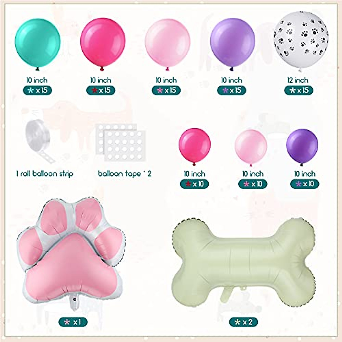 103 Paw Print Balloon Garland for Girls, Bone Shaped Foil Balloon Dog Paw Foil Balloons for Dog Kids Girls Birthday Party (Candy Color)