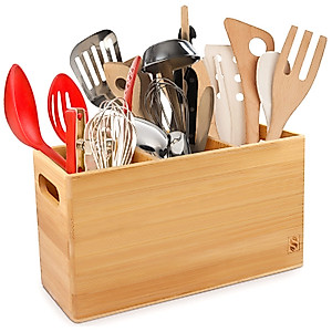 SAUNNIHEN Large Bamboo Utensil Holder for Kitchen Counter, 3 Compartments Cooking Farmhouse Utensil Holder for Countertop, Detachable Utensil Caddy Crock Organizer for Farmhouse Kitchen