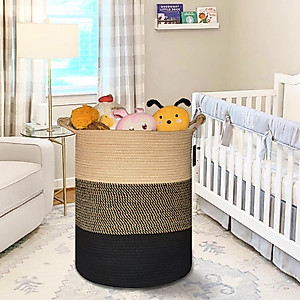 COMSE Extra Large Blanket Basket, High Storage Basket, Tall Rope Laundry Basket, 15.7”x 21.7”, Cotton Rope Basket, XXXL Laundry Basket, Toy Basket, Woven Basket, Clothes Baskets,Brown/Black