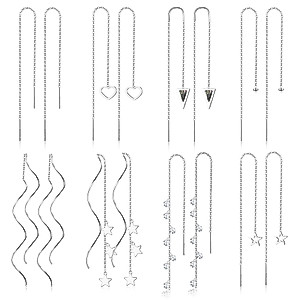 LOLIAS 8Pairs Threader Earrings Chain Earrings Tassel Earrings for Women Stainless Steel Double Twist Wave Drop Dangle Earrings with Rhinestones Lightweight Long Chain Earrings Set,Silver