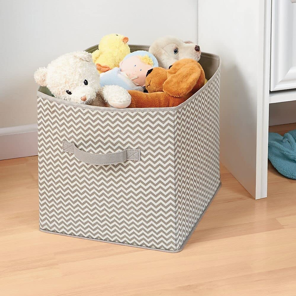 mDesign Soft Fabric Nursery/Playroom Closet Storage Organizer Bin Box with Front Handle for Cube Furniture Shelving Units - Holds Toys, Clothes, Diapers, Bibs - Spira Collection, 4 Pack, Taupe/Natural