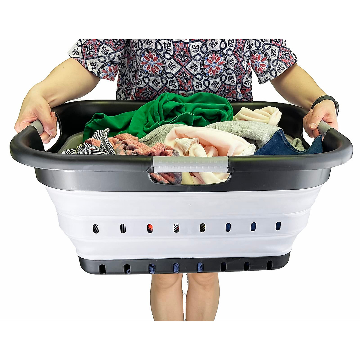 SAMMART 41L (10.8 Gallon) Collapsible Plastic Laundry Basket - Foldable Pop Up Storage Container/Organizer - Portable Washing Tub - Space Saving Hamper/Basket (Black/Alloy Grey)