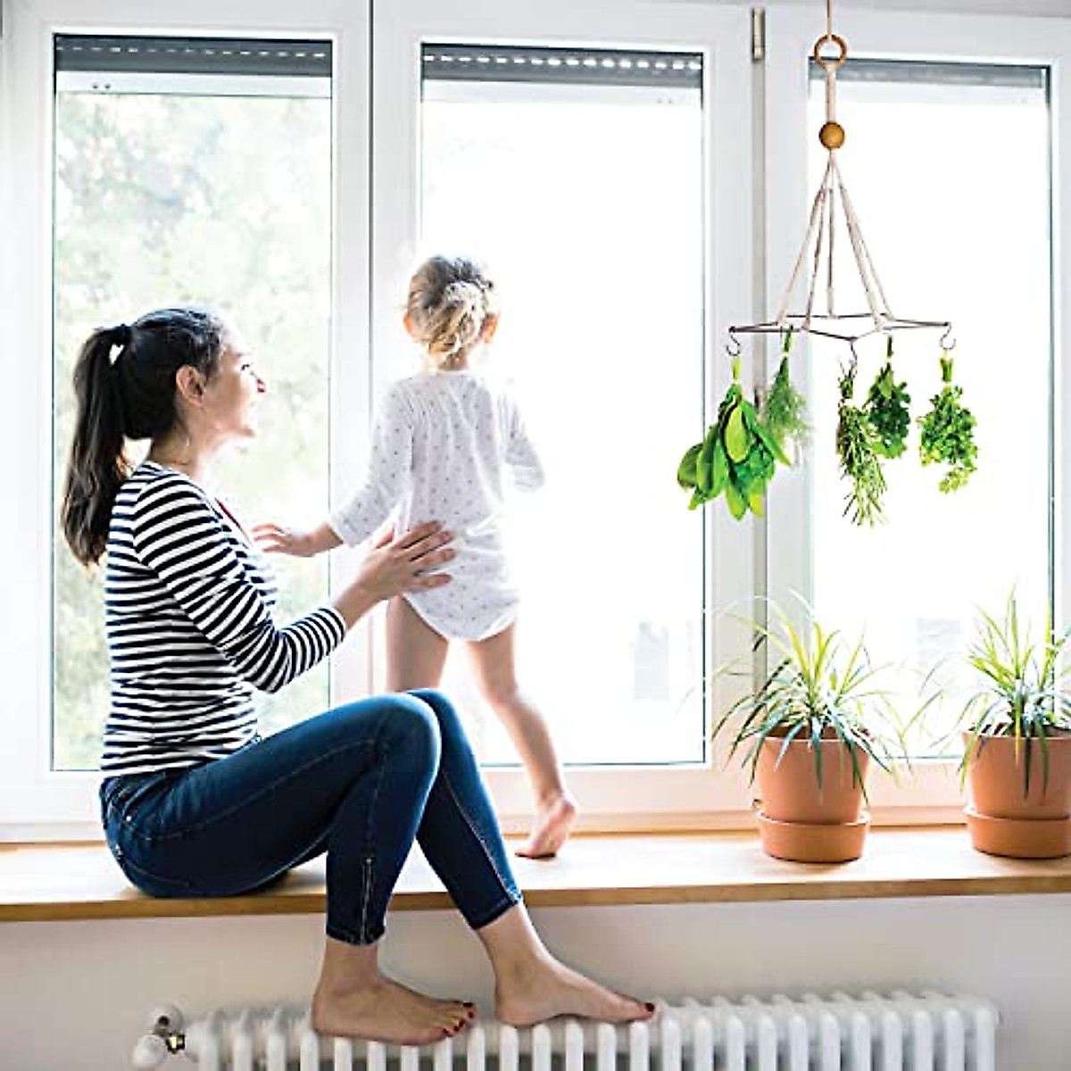 Generic Handcrafted Herb Drying Rack Flower Drying, Boho Star Kitchen Decor Dryer, Plant Hanger Indoor, Macrame Mobile Hanging Gift for Gardener and Lover, 6 Hooks, FLOWERHERB01, Ivory