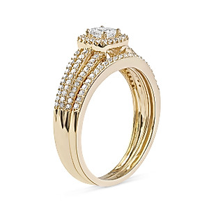 DZON IGI Certified 10k Yellow Gold 1/2 CT TDW Princess & Round Cut Diamond Halo Engagement Ring Set Love Gift for Women(I-J,I2)