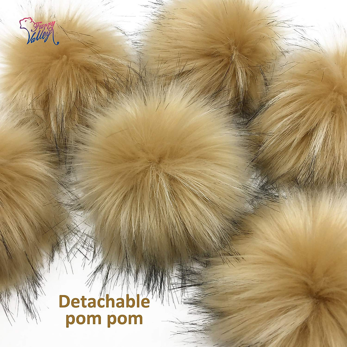 Furryvalley Faux Fur Pompom 6pcs DIY Crafts Fluffy Balls for Hat Shoes Scarves with Snap Fastener Removable Knitting Hat Horse Riding Hat Silk Accessories 6 Inch Extra Large(Khaki)