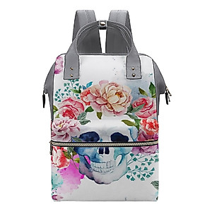 Skull and Flowers Day of The Dead Diaper Bag Backpack Large Capacity Mommy Bags Multifunction Nappy Bag Travel Back Pack Gray-Style