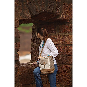 Myra Bag Tribal Stripe Front Pocket Upcycled Canvas & Cowhide Leather Shoulder Bag S-1232, Brown, One Size
