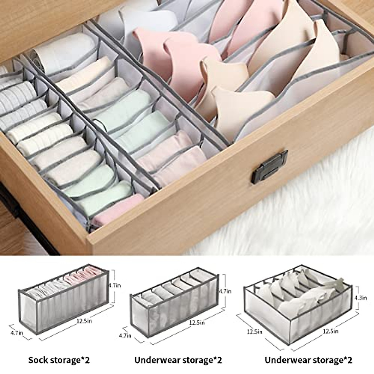 ANCEN Underwear Organizer Drawer Organizer 6 Pieces Fabric Foldable Closet Clothing Dividers and Storage Bins 6/7/11 for Storing Bra, Socks, and PantiesTie, Belts (Grey)