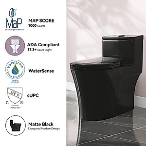 HOROW T0338WB Elongated One Piece Toilet Black, Compact Modern Toilet with Comfortable Seat Height, ADA Chair Height 17.3", Power Dual Flush 0.8/1.28 GPF & MAP 1000g, Matte Black, 12" Rough-in