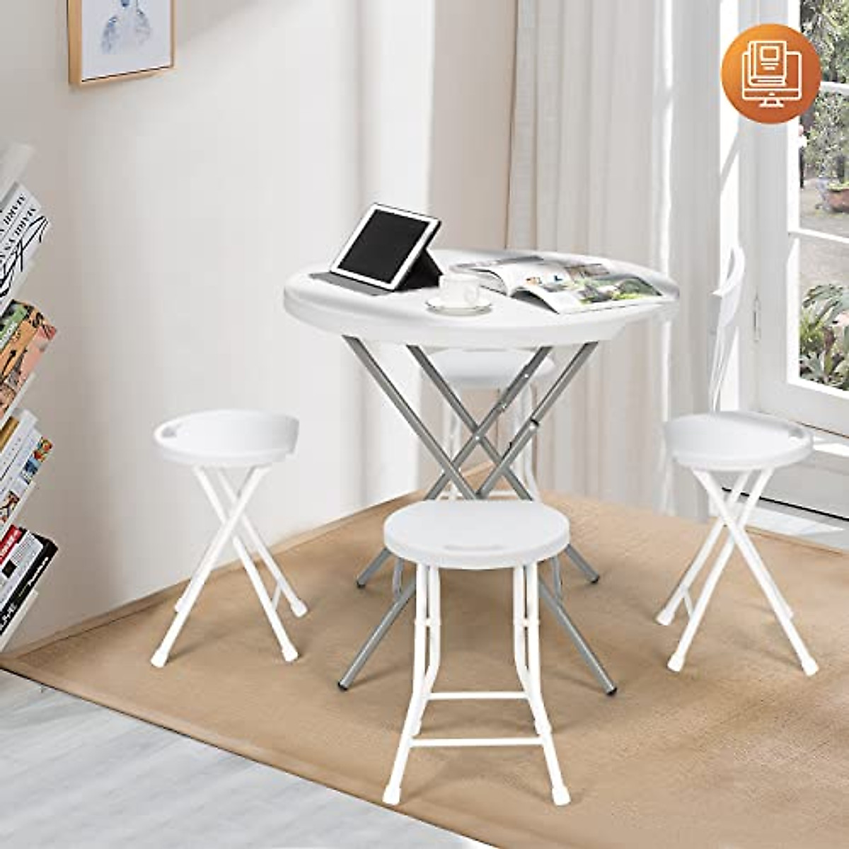 VINGLI Plastic Folding Stools Chair for Sitting, Heavy Duty Metal Frame HDPE Top Lightweight Portable Round Seats for Indoor Outdoor Camping Use, White, Set of 4
