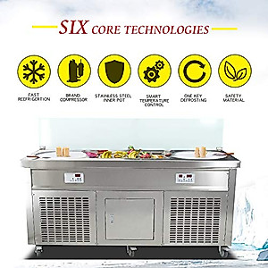 Commercial 22'' Double Round Pans + 10 pcs Refrigerated Tanks Fried Ice Cream Rolled Machine, Gelato Fry Frozen Yogurt Ice Cream Maker for Street Snack Food, Kitchen, Cafe Shop, Bar (ETL Certificate)