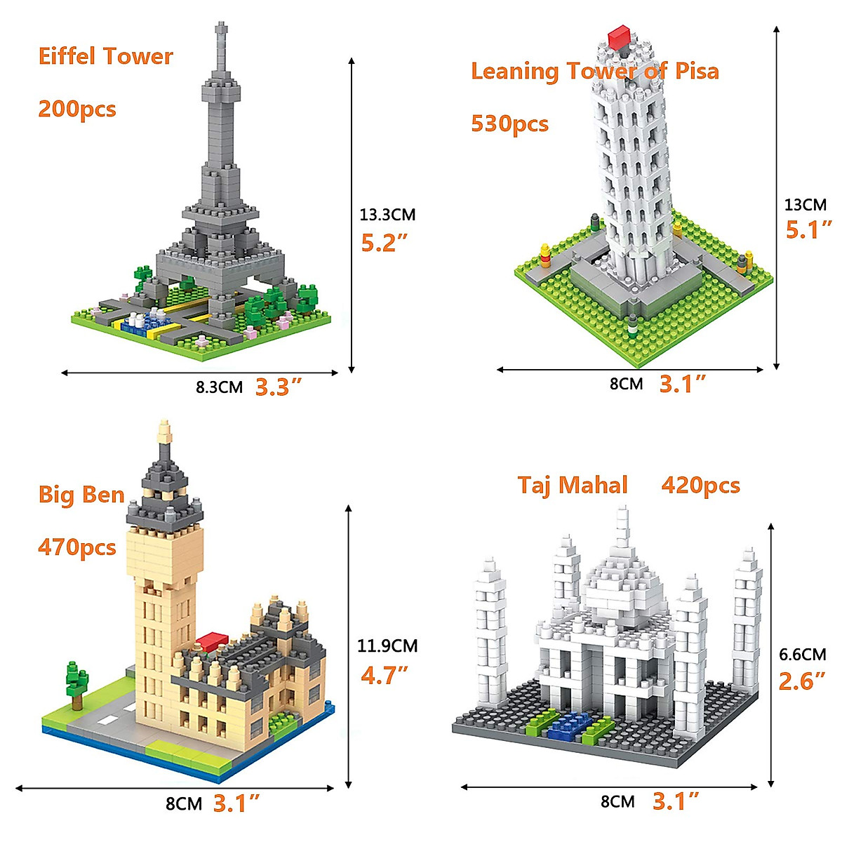 DoxiGlobal 10 in 1 Mini City Architecture Building Blocks Set Eiffel Tower/Taj Mahal/Big Ben/Leaning Tower of Pisa World Famous Collection Model KIts Construction Educational DIY Gift-4500pcs (10 Set)
