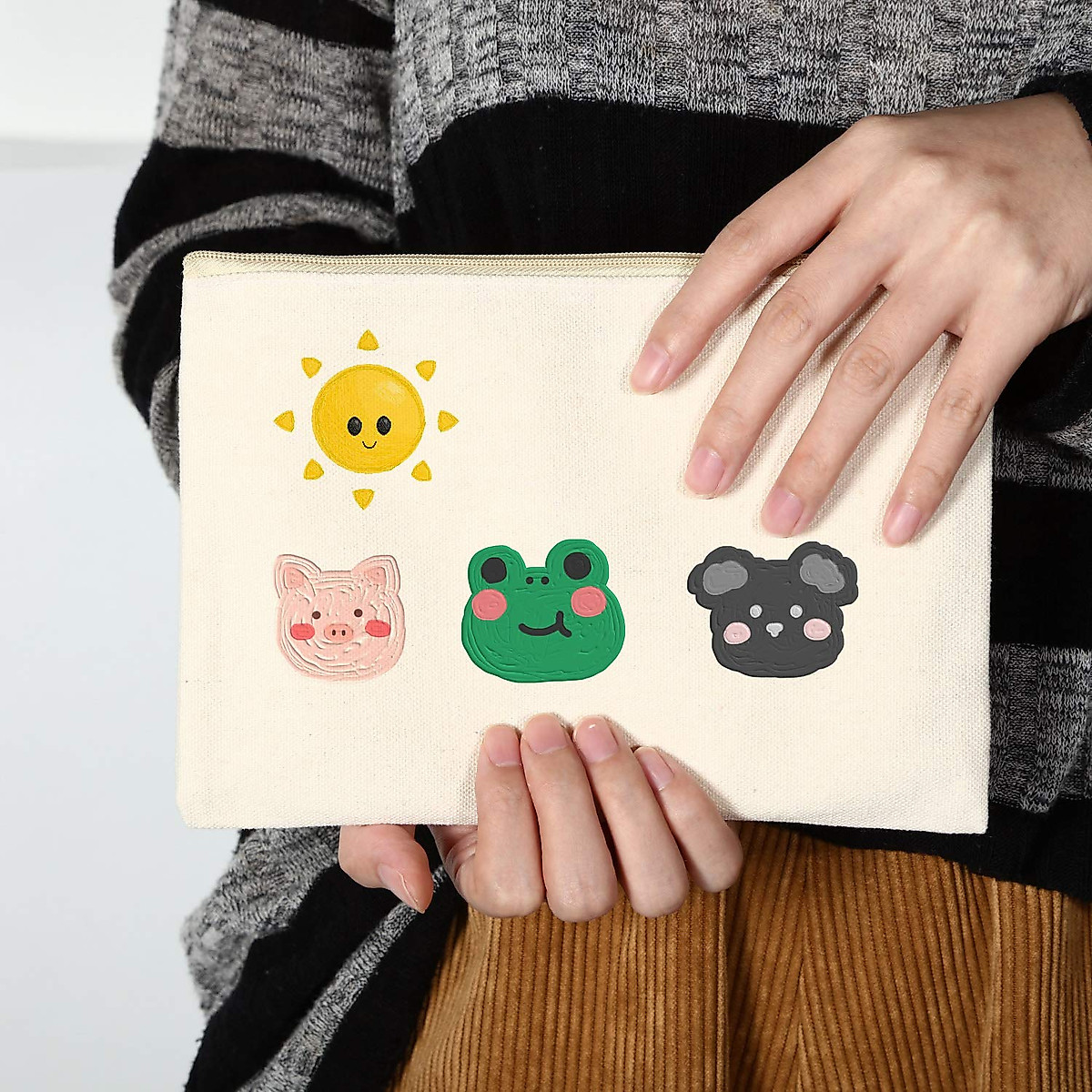 Juinelate 10 Pack Large Blank Canvas Makeup Multi-Purpose Cosmetics Bag with Zipper, Beige