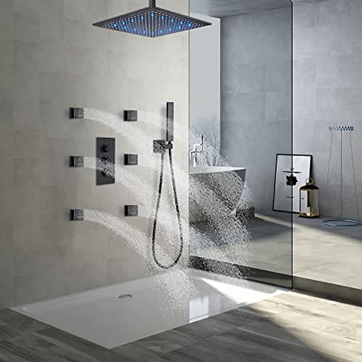 Body Jet Shower System 16 Inch LED Rain Shower Head Faucet with Thermostatic Mixer Valve and 6 Massage Body Sprays and Handheld Shower Combo Set Large Flow(Matte Black)