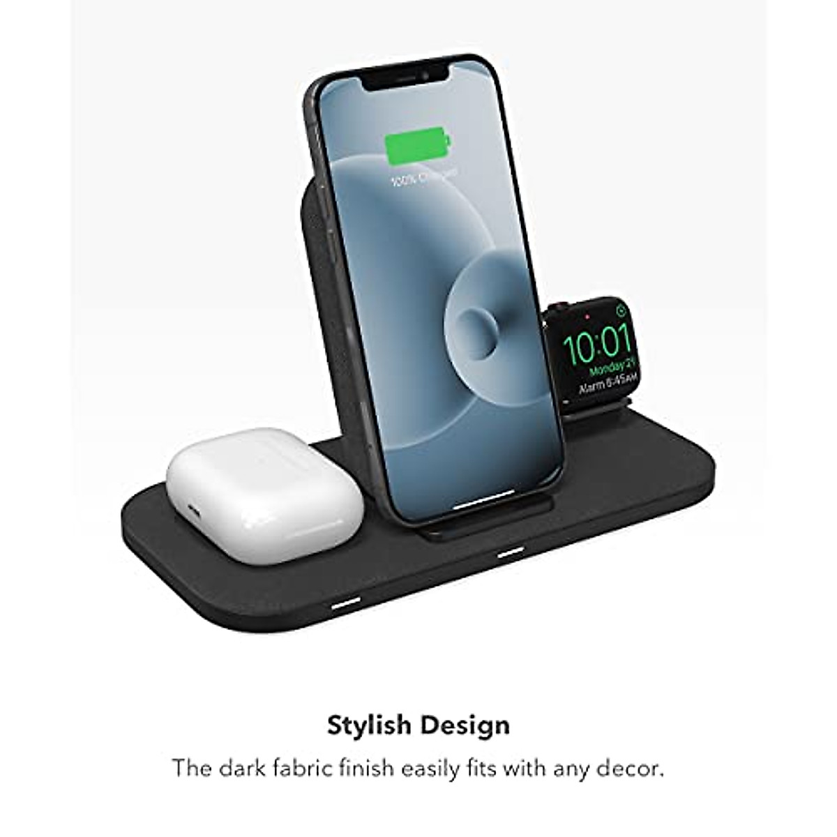 mophie 3-in-1 Wireless Charging Stand for Apple iPhone, AirPods/AirPods Pro & Watch, 7.5W Fast Charging, Stylish Gloss Finish, Portrait or Landscape Smartphone Charging Mode, Black