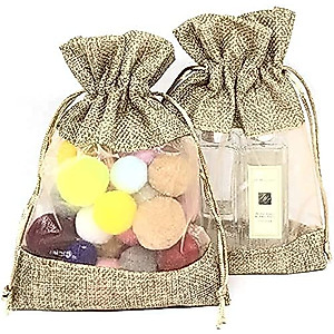 KUPOO 20PCS 3.5x5.5 Inches Clear Window Small Linen Burlap Sheer Organza Gift Bag for Wedding Party Favors Cosmetic Samples Goodies Mesh Pouch (Natural)
