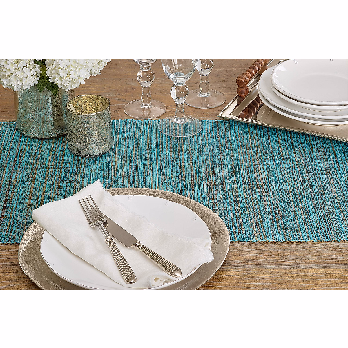 SARO LIFESTYLE 217.TQ1454B Melaya Collection Shimmering Woven Nubby Water Hyacinth Table Runner, 14" x 54", Turquoise