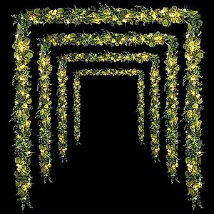 XunYee 5.9 ft Artificial Eucalyptus Garland with 20 LED Fairy String Lights Fake Eucalyptus Leaves Greenery Vines Plant for Table Wedding Bridal Shower Birthday Party Garden Indoor Outdoor (4 Pack)