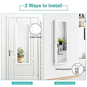 COSTWAY Full Length Mirror Jewelry Cabinet, Wall Door Mounted Jewelry Organizer w/Makeup Mirror, Ring Slots & Necklace Hooks, Large Storage Jewelry Armoire for Bedroom, Dressing Room (White)