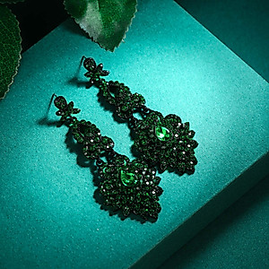 Flyonce Bridal Crystal Vintage Style Art Deco Chandelier Dangle Earrings for Women Green Black-Tone