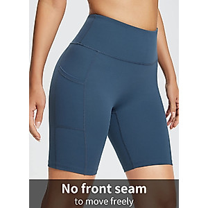 BALEAF Biker Shorts Women Yoga Gym Workout Spandex Running Volleyball Tummy Control Compression Shorts with Pockets Soft 8" Blue XL