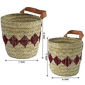 ATHENA HOME Hanging Basket - Small Woven Wicker Seagrass Hanging Basket Set 2 Flower Plants Wall Basket Decor 8 x 8 x 11 inches