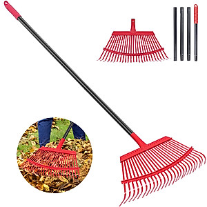 Garden Leaf Rake with 60 Inch Adjustable Long Steel Handle, 11 Metal Tines 8.8" Wide Garden Rake for Lawns Shrub Debris and Flower Beds