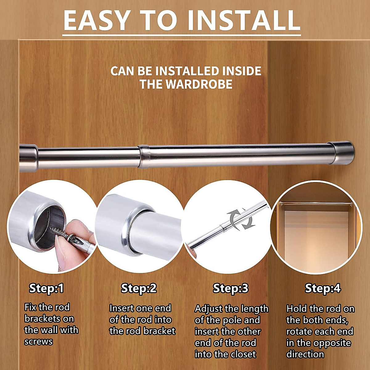 RHBLME 4 Pack Adjustable Closet Rod for Hanging Clothes, 12.2 to 20.1 Inch Stainless Steel Clothing Hanger Telescopic Rod, Heavy Duty Closet Hanging Rod Silver Closet Poles for Wardrobes